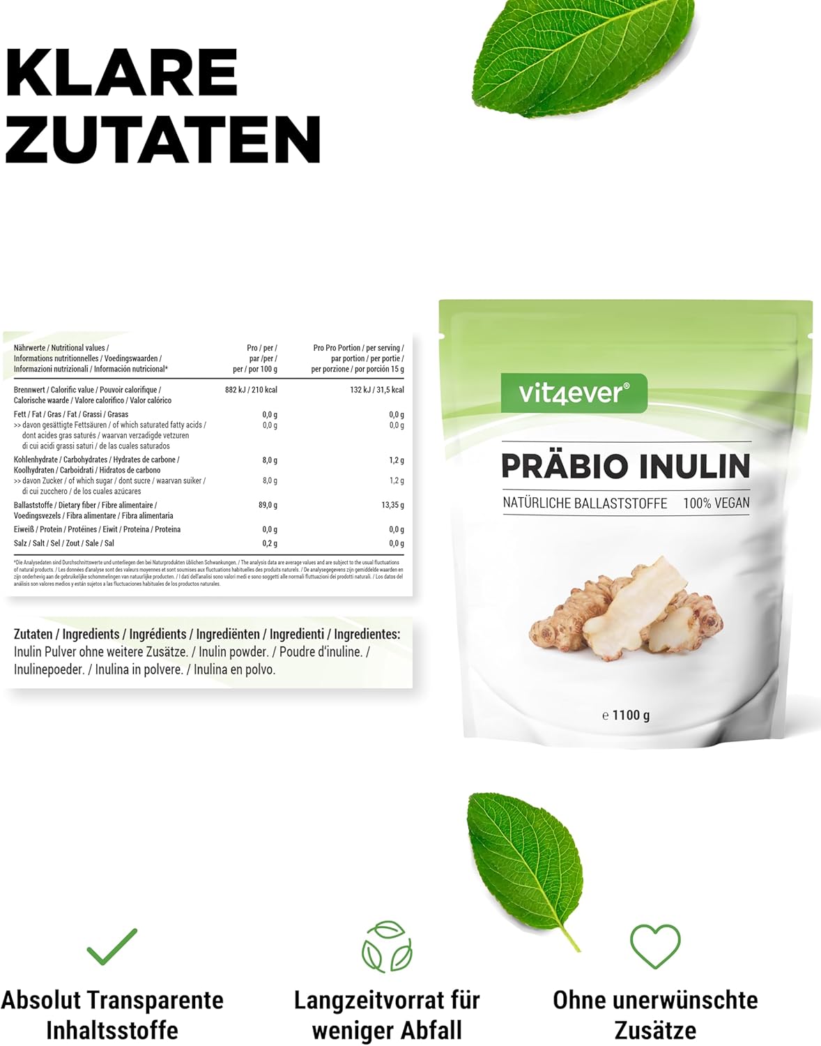 Inulin-Præbiotika fra Cikorie - 1100 g pulver - Vit4ever – MT Health GmbH